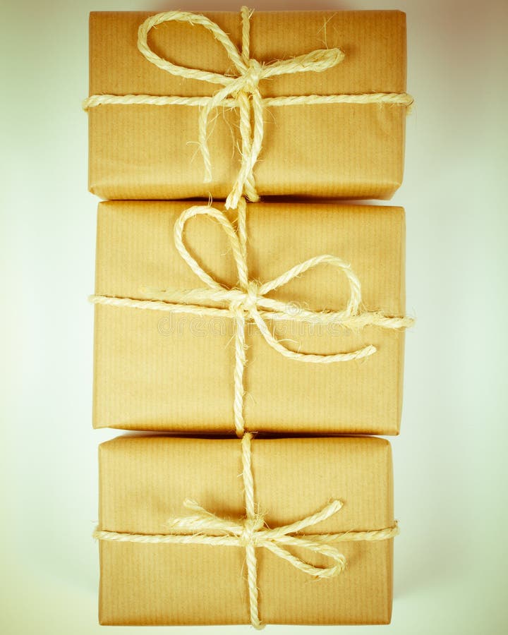 Rustic Parcels Gift Box with Kraft Paper. Stock Image - Image of gifts ...