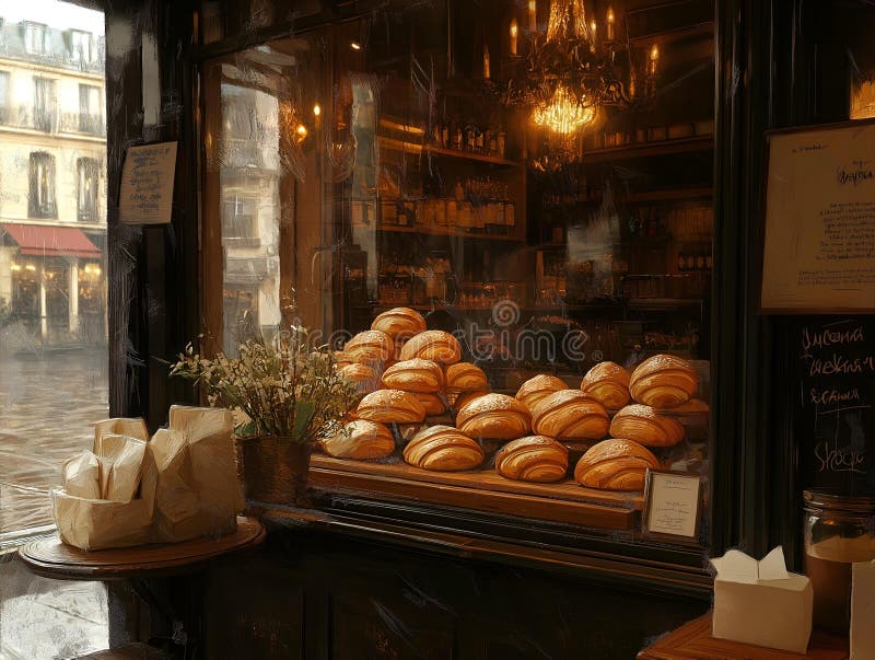 Rustic Parisian Bakery, Artisan Bread, Warm Tones, Evening Light ...