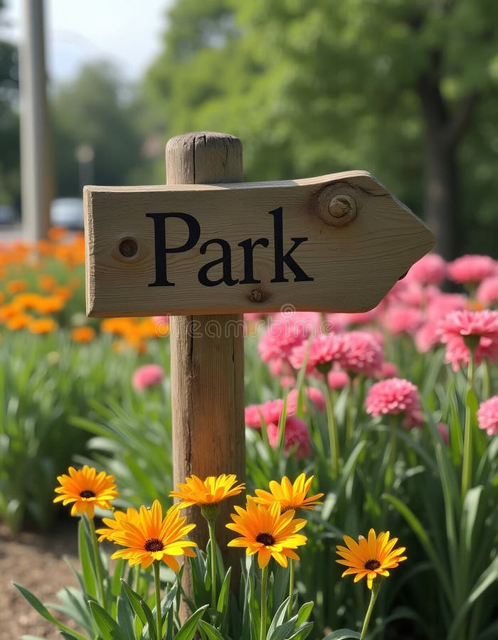 Rustic Park Sign with Vibrant Flower Garden Backdrop Stock Illustration ...