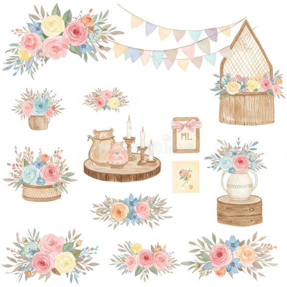 Rustic Pastel Floral Wedding Watercolor Design Elements Stock ...