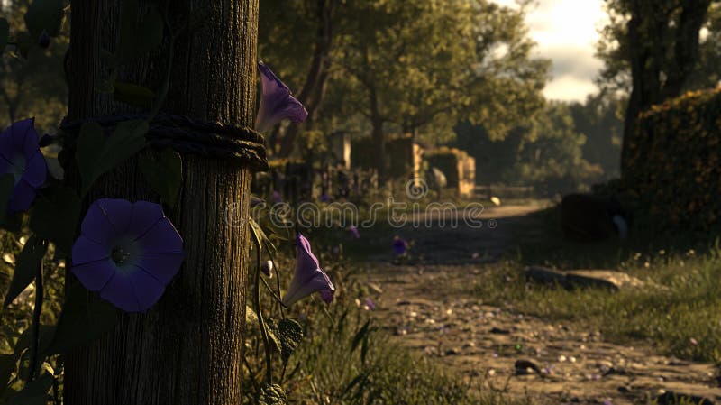 Rustic Path with Morning Glory Flowers, Sunlit Trees Stock Illustration ...