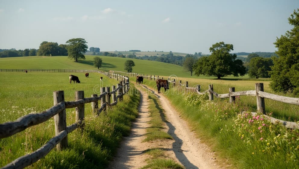 Rustic Path through Pasture with Grazing Cows and Wildflowers Stock ...