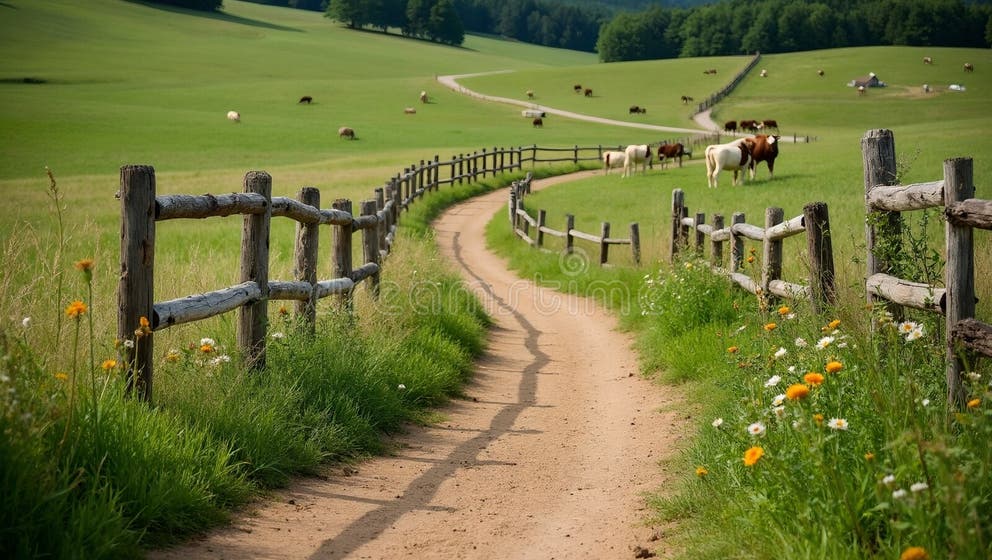 Rustic Path through Pasture with Grazing Cows and Wildflowers Stock ...