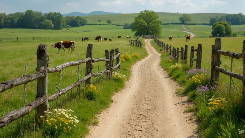Rustic Path through Pasture with Grazing Cows and Wildflowers Stock ...