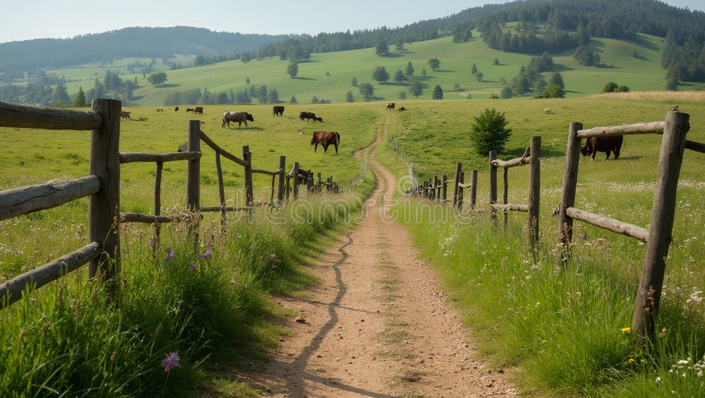 Rustic Path through Pasture with Grazing Cows and Wildflowers Stock ...