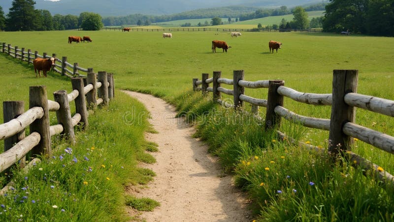 Rustic Path through Pasture with Grazing Cows and Wildflowers Stock ...