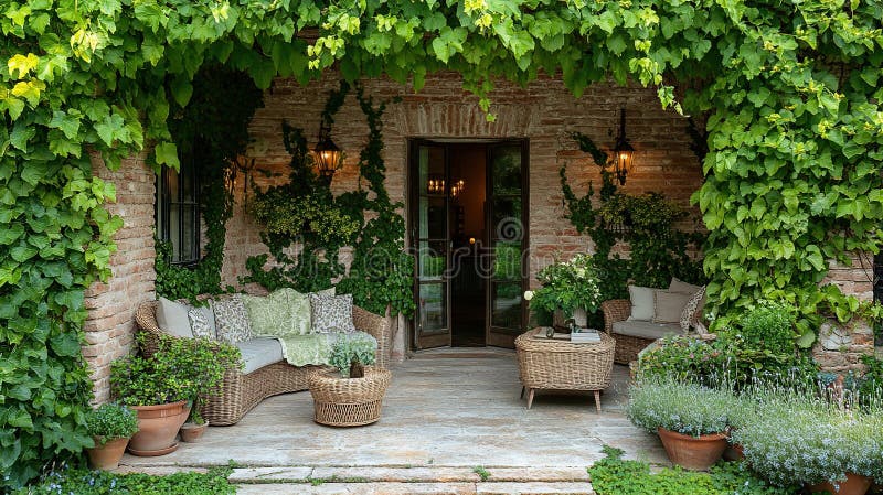 Rustic Patio with Lush Greenery and Comfortable Seating Stock ...