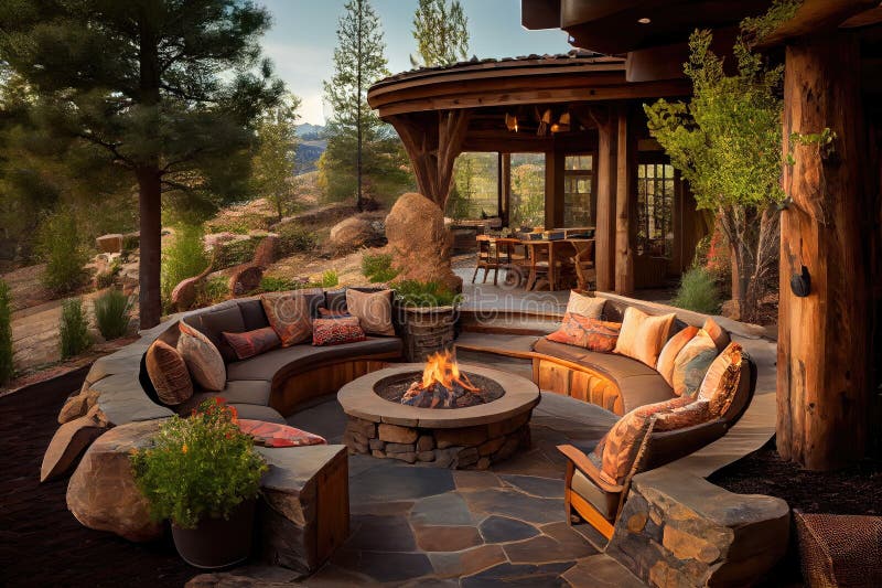 Rustic Patio with Stone Fire Pit and Plush Seating Area Stock ...