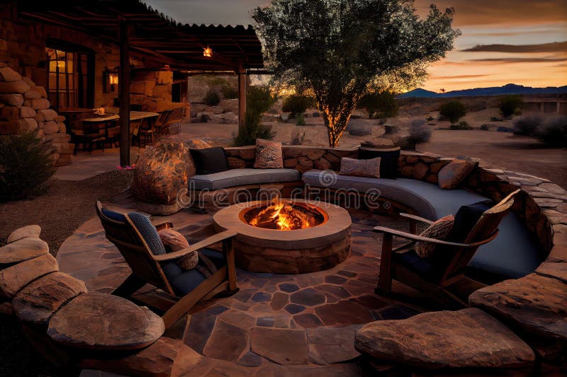 Rustic Patio with Stone Fire Pit and Plush Seating Area Stock ...