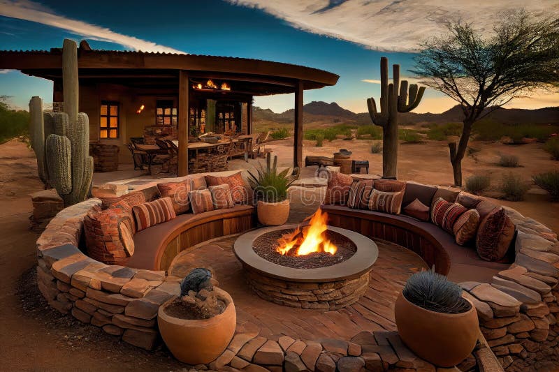 Rustic Patio with Stone Fire Pit and Plush Seating Area Stock ...