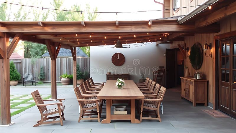 A Rustic Patio with Wooden Chairs a Long Table and String Lights ...