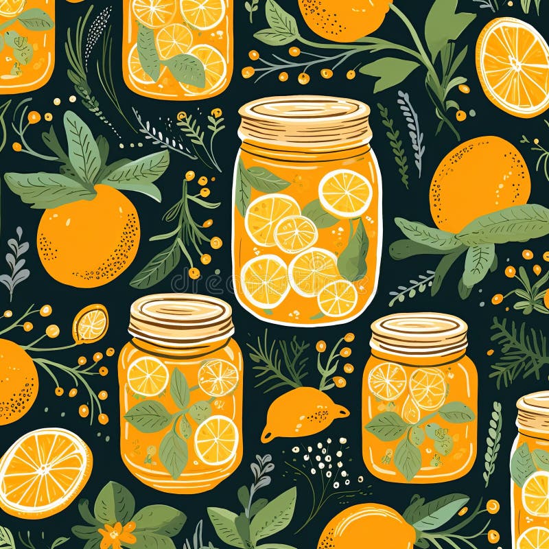 Rustic Pattern with Hand Drawn Citrus Fruits and Kitchen Jars Stock ...