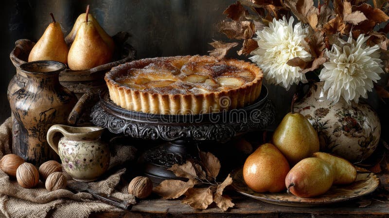 Rustic Pear Tart Still Life with Autumnal Details Stock Illustration ...
