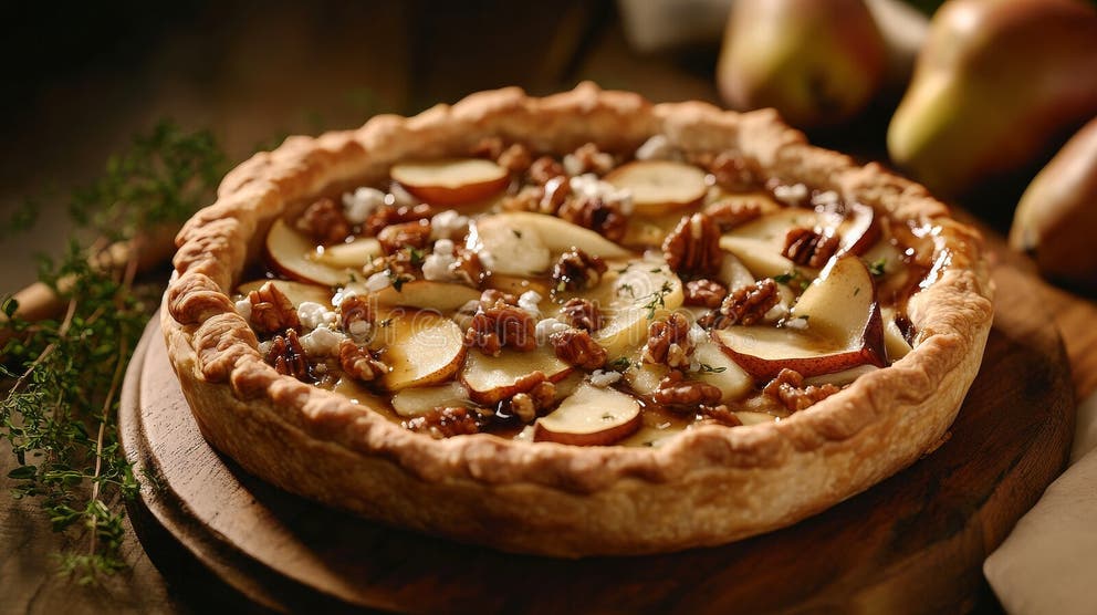 Rustic Pear and Walnut Open Pie with Blue Cheese and Fresh Thyme on ...