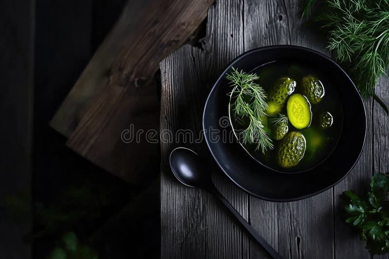 Rustic Pickle Soup in Black Bowl on Wooden Table with Fresh Herbs Stock ...