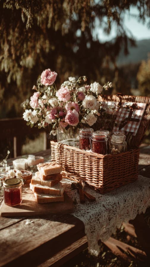 Rustic Picnic Basket with Flowers and Food Outdoors Stock Illustration ...