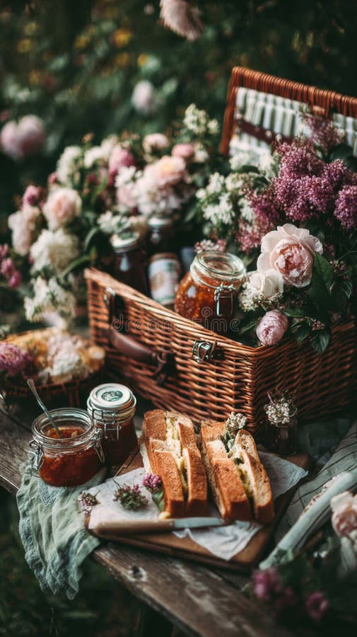Rustic Picnic Basket with Flowers and Pastries Stock Illustration ...