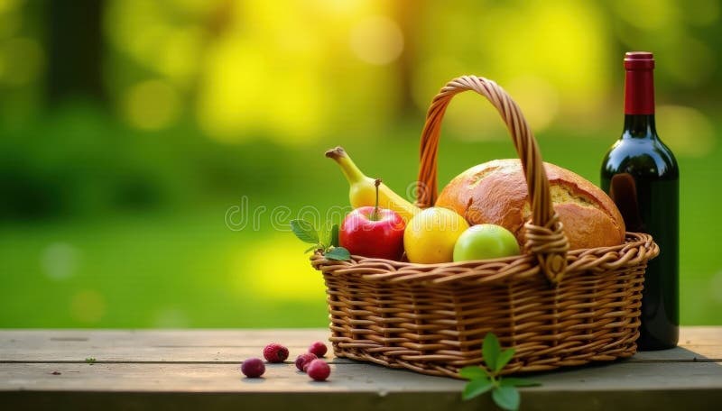 Rustic Picnic Basket, Fruit Bread, Wine Bottle , Image, Delicious Stock ...