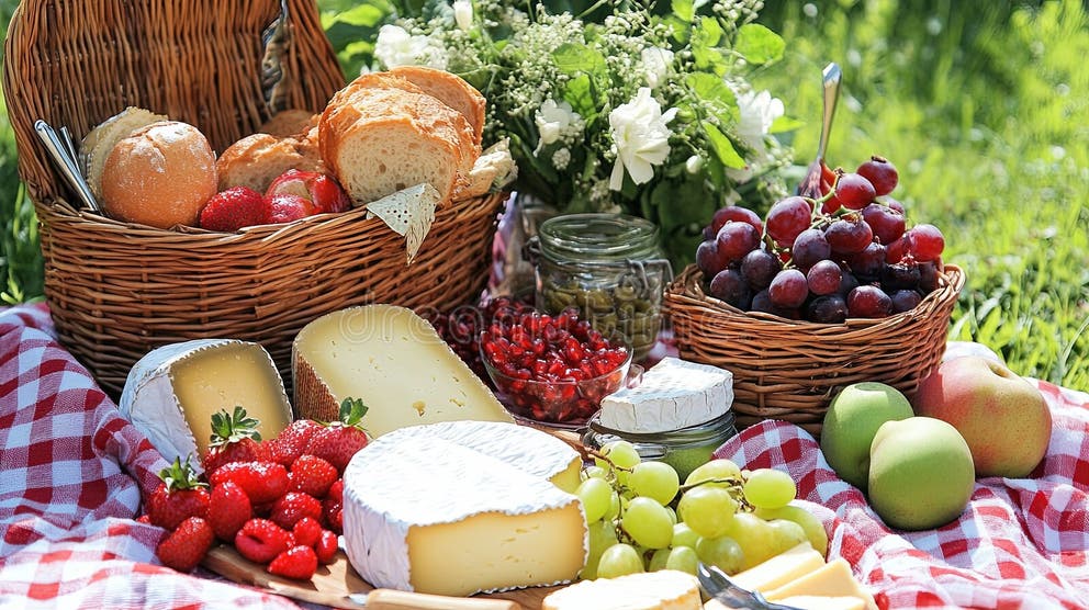 Rustic Picnic with Cheeses, Bread, and Fruits.. Stock Photo - Image of ...