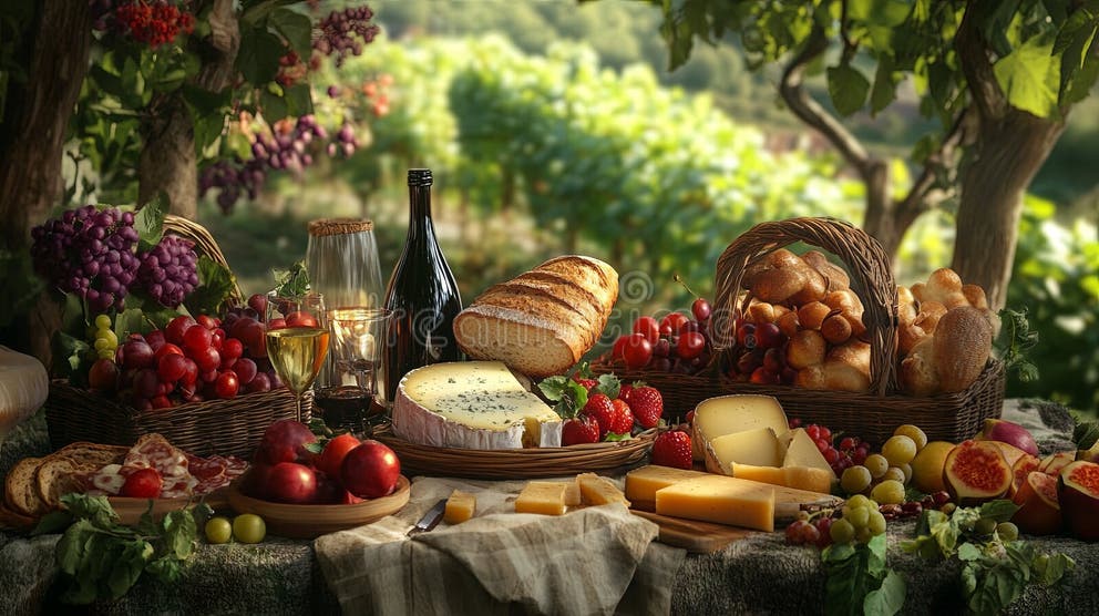 Rustic Picnic with Cheeses, Bread, and Fruits.. Stock Image - Image of ...
