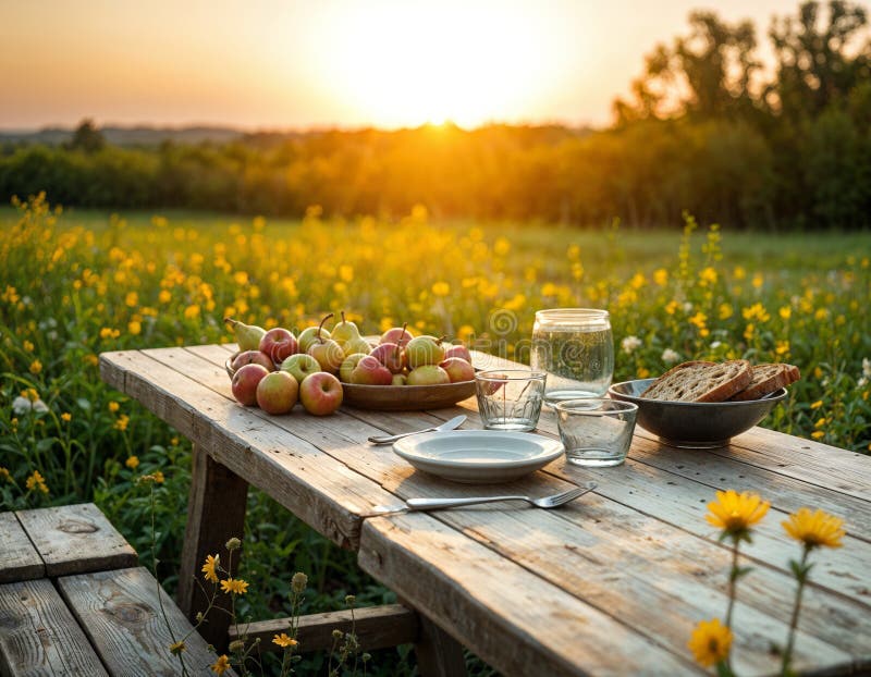 A Rustic Picnic Dining Table with Apples and Bread Sitting in a Field ...