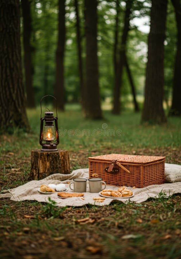 Rustic Picnic in a Forest Setting Stock Illustration - Illustration of ...