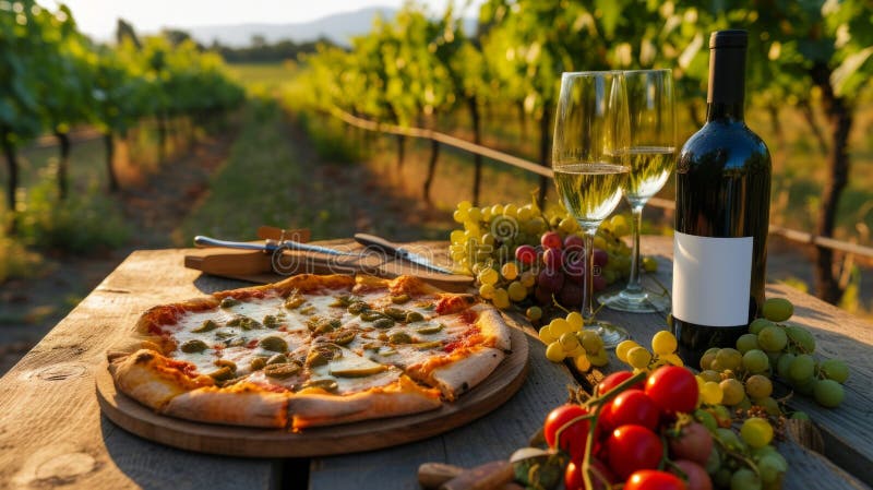 A Rustic Picnic with Pizza and Wine in a Sun-drenched Vineyard Stock ...