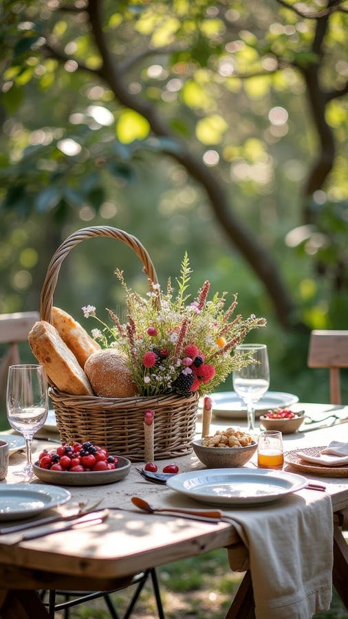 Rustic Picnic Setting with Bread, Flowers, and Fresh Fruit on Wooden ...