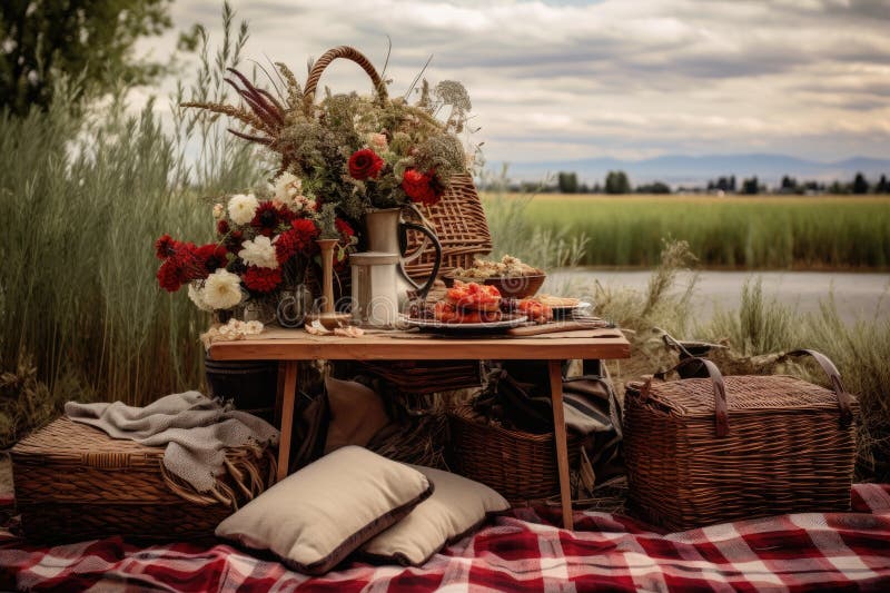 Rustic Picnic Setup with Basket and Nature Backdrop Stock Illustration ...