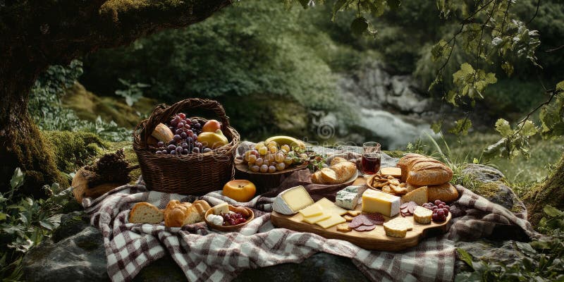 A Rustic Picnic Setup with a Blanket, Basket, and an Assortment of ...