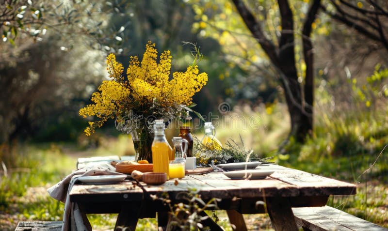 A Rustic Picnic Setup in a Sun-dappled Meadow Stock Image - Image of ...