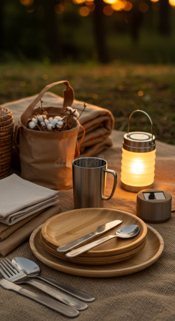Rustic Picnic Setup at Sunset with Warm Lighting Stock Illustration ...