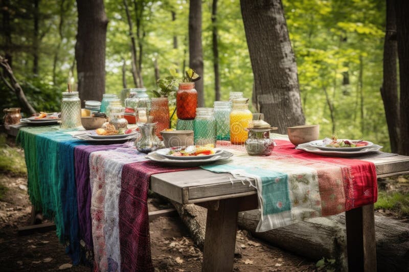 Rustic Picnic Table with Colorful Linens, Glassware, and Plates Stock ...
