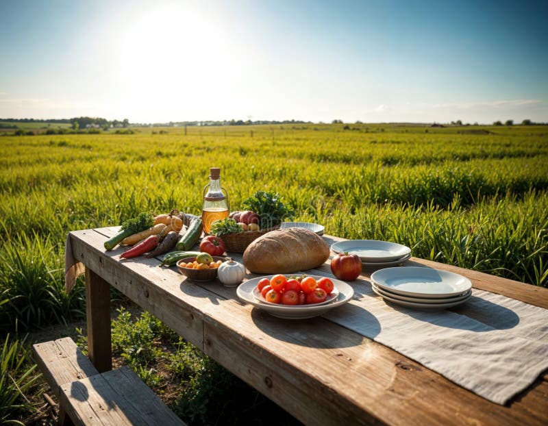 A Rustic Picnic Table with Food and Drinks in a Field Stock ...
