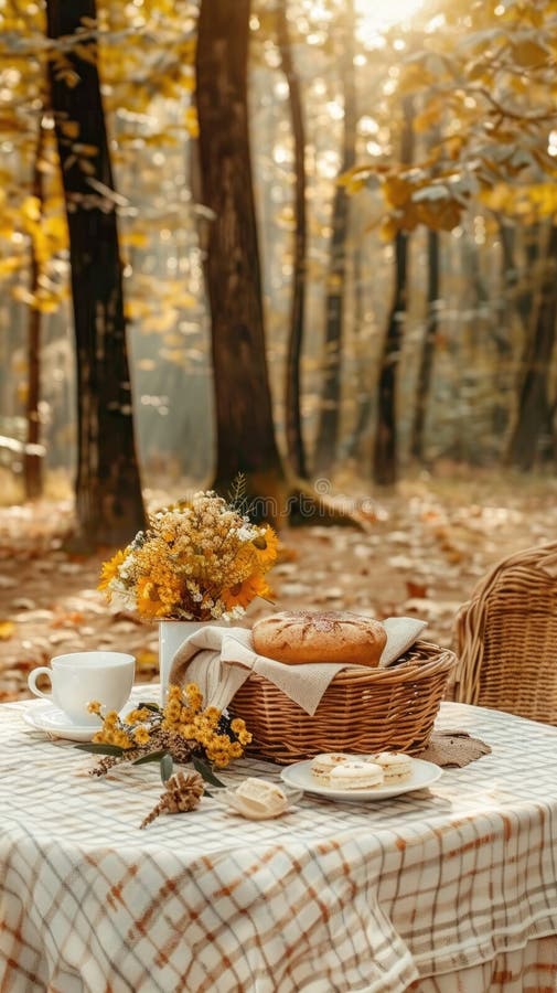 A Rustic Picnic Table in the Forest with a Checkered Tablecloth, a ...