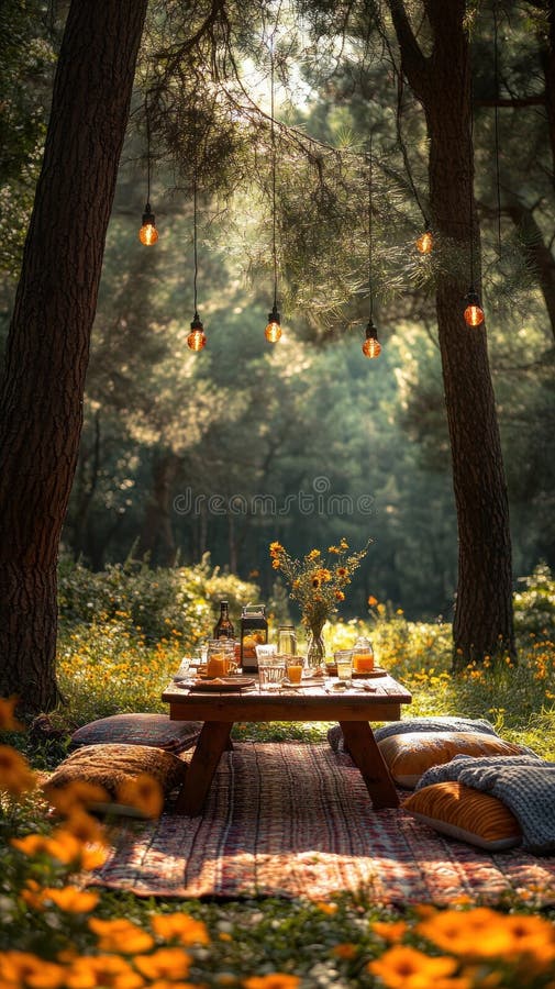 Rustic Picnic Table in a Forest Setting with String Lights - Photo ...