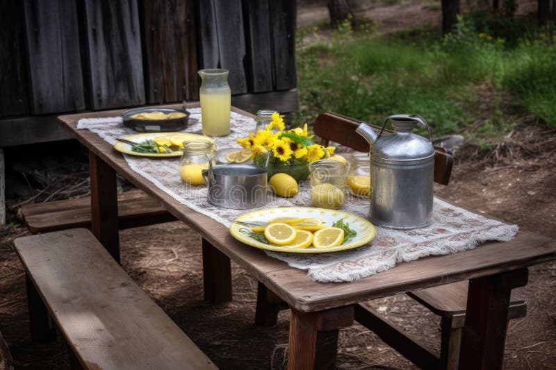 Rustic Picnic Table with Pitcher of Lemonade, Plates, and Silverware ...