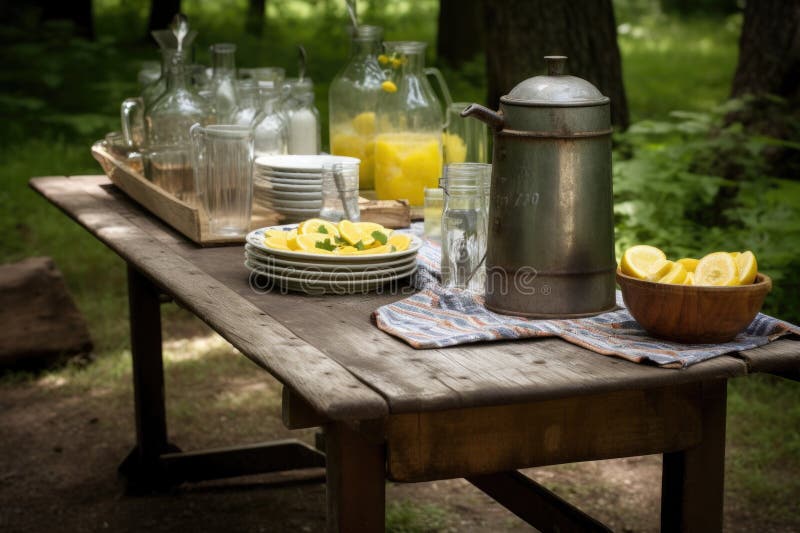 Rustic Picnic Table with Pitcher of Lemonade, Plates, and Silverware ...