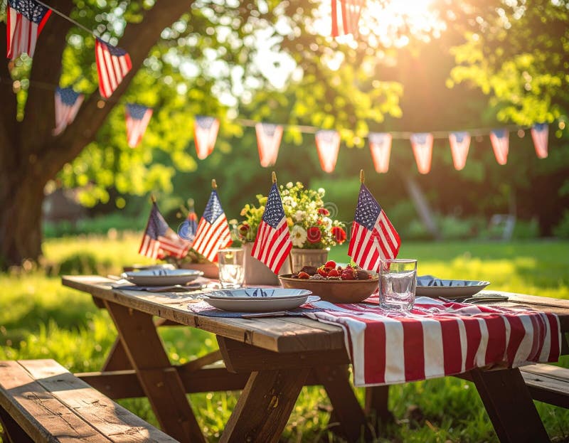 A Rustic Picnic Table Set with American Dishes and Small Flags during ...