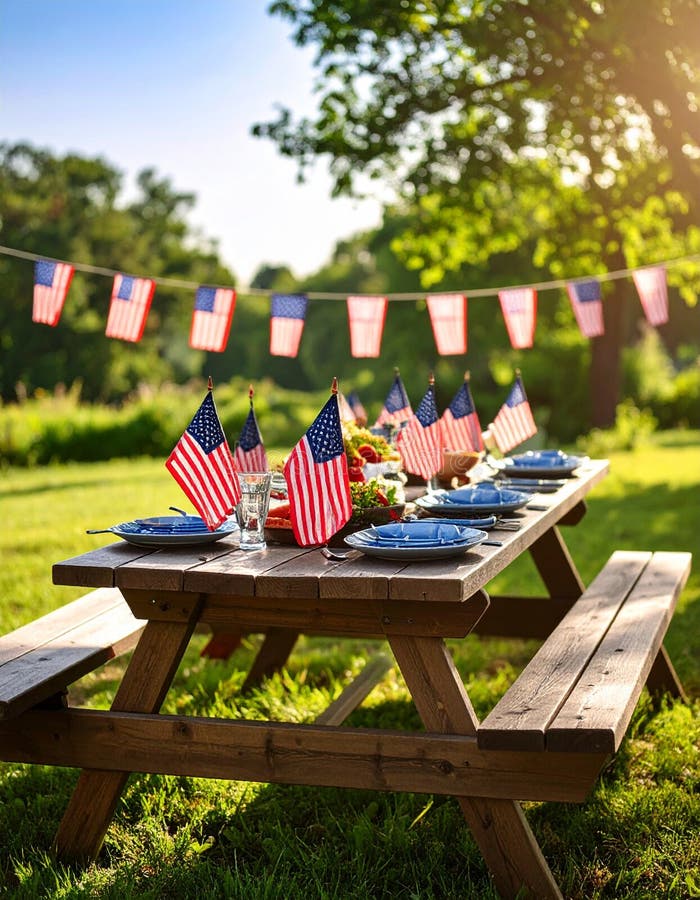 A Rustic Picnic Table Set with American Dishes and Small Flags during ...