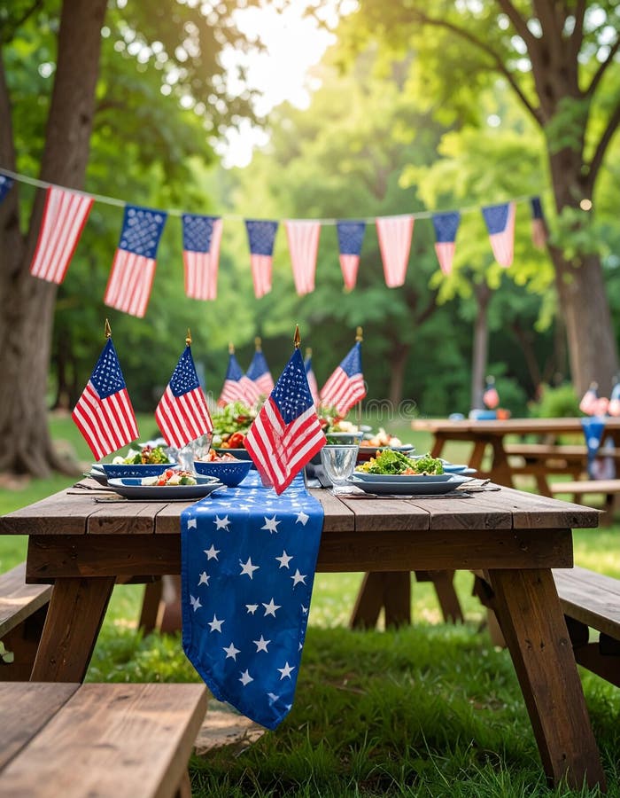 A Rustic Picnic Table Set with American Dishes and Small Flags during ...
