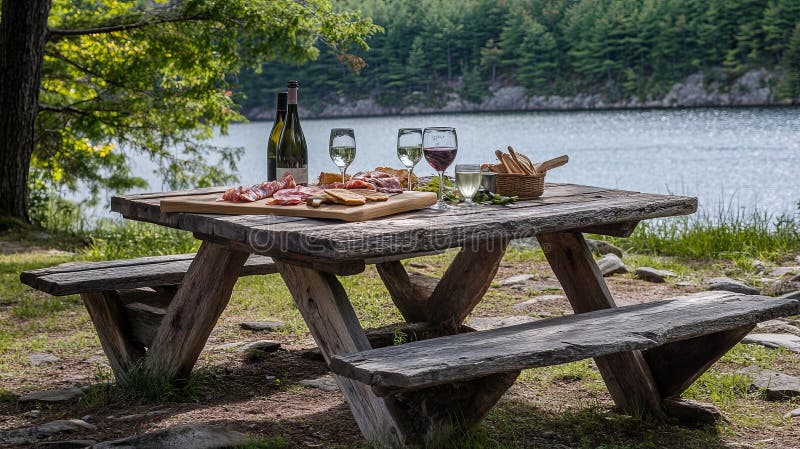 A Rustic Picnic Table Set with a Charcuterie Board and Wine Glasses ...