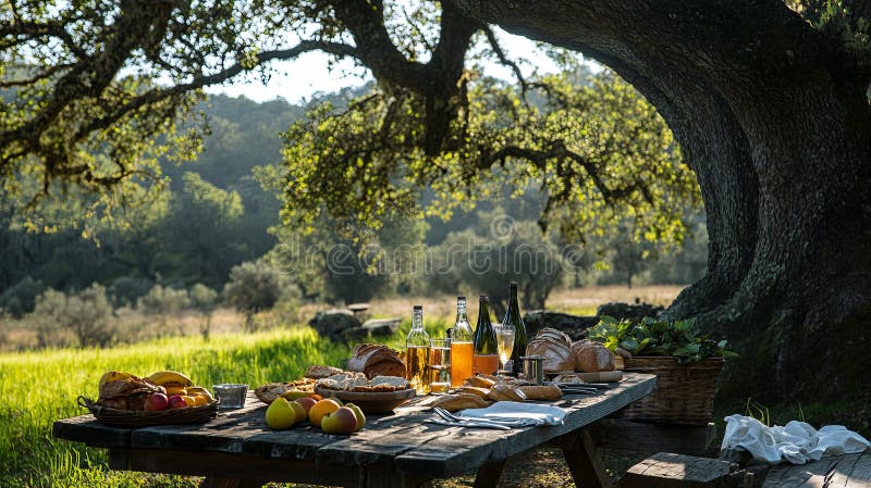 A Rustic Picnic Table Set with Fresh Bread, Fruits, and Sparkling Stock ...