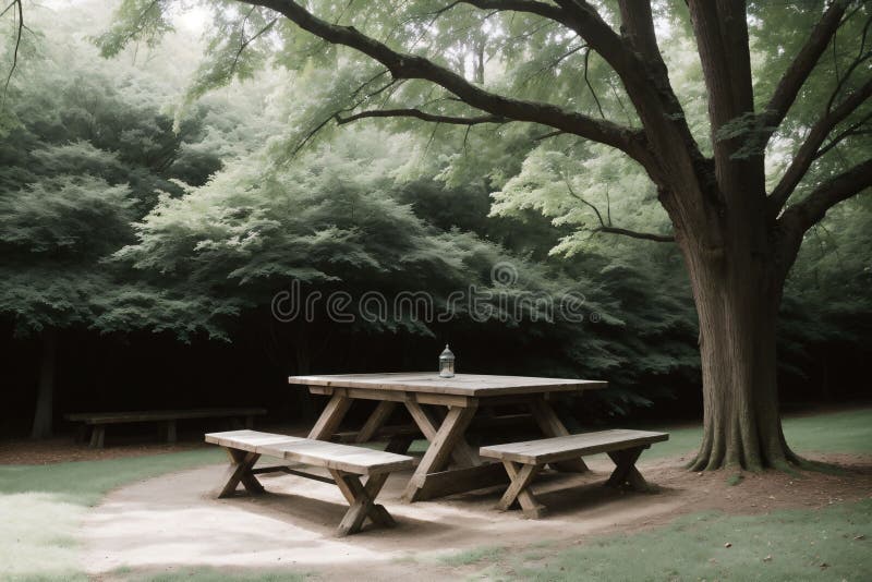 A Rustic Picnic Table Set Under a Tree Stock Illustration ...