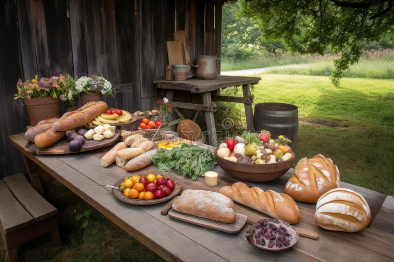 Rustic Picnic Table with Spread of Fresh Produce, Cheeses, Meats and ...