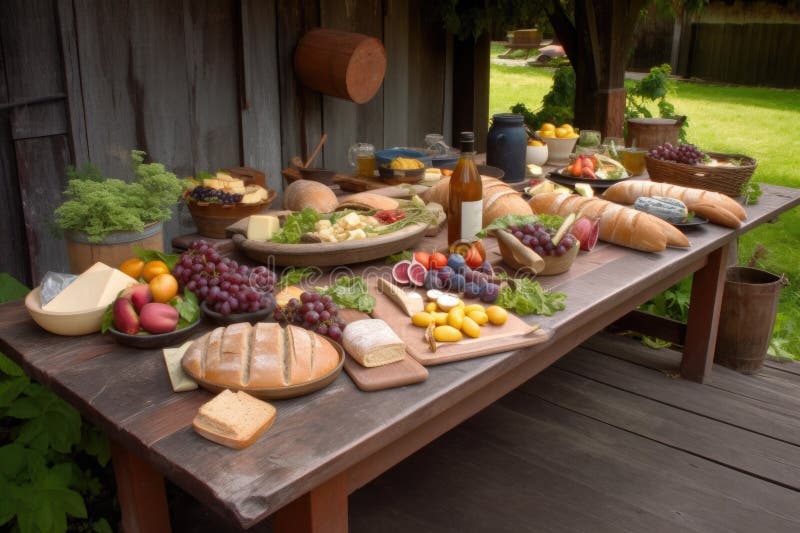 Rustic Picnic Table with Spread of Fresh Produce, Cheeses, Meats and ...