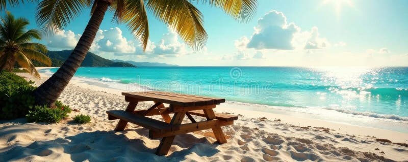 Rustic Picnic Table, Sun Drenched Beach, Gulf of Mexico , Waves, Orange ...
