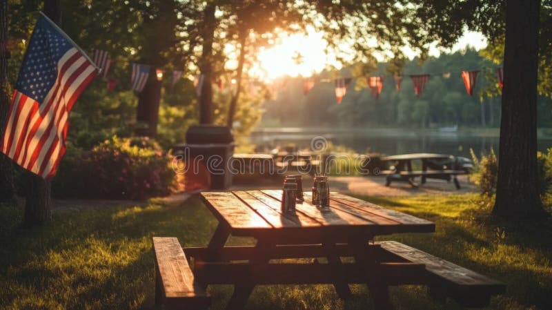 Rustic Picnic Table Sunset Scene with American Flags Stock Illustration ...