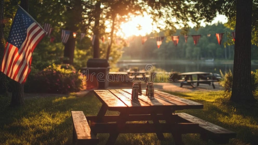 Rustic Picnic Table Sunset Scene with American Flags Stock Illustration ...
