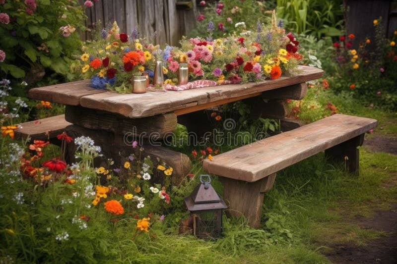 Rustic Picnic Table Surrounded by Blooming Flowers, Ideal for a ...